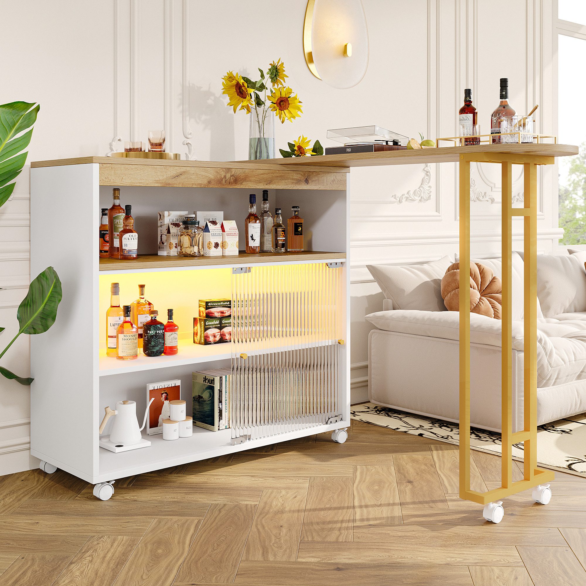 Flieks Bartisch (360° Drehung, 1-St), ausziehbar Stehtisch drehbar Sideboard Esstisch mit LED ...