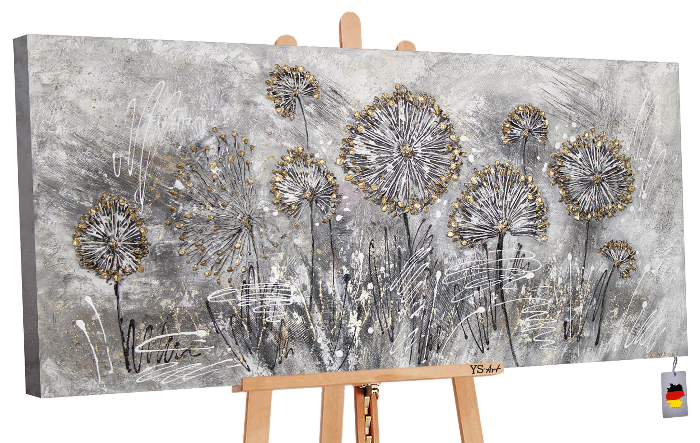 YS-Art Gemälde Frühlingsblumen, Blumen, Löwenzahn Leinwand Bild Handgemalt Gold Grau Schwarz Blumen