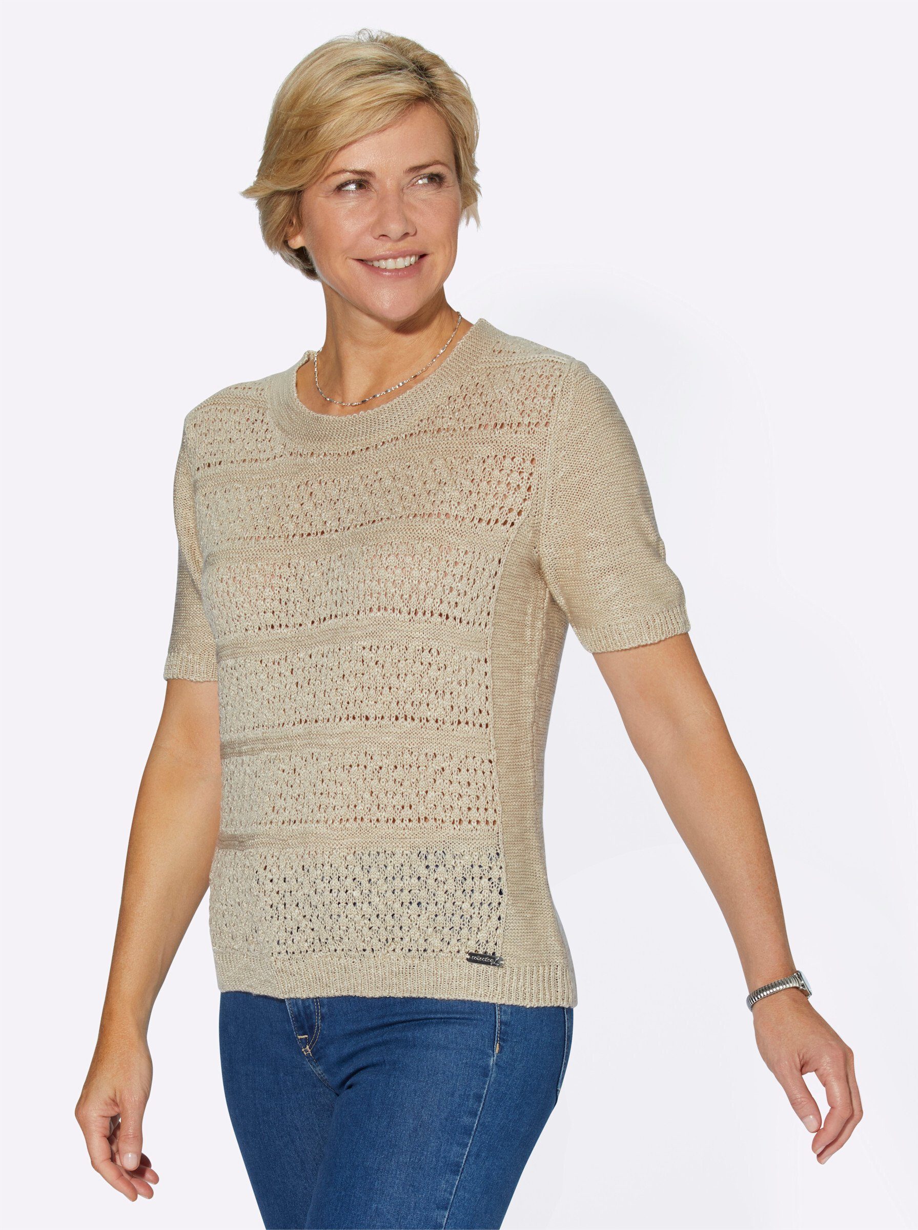 Witt Strickpullover Kurzarmpullover, Strickmuster mit Ajour im Vorderteil