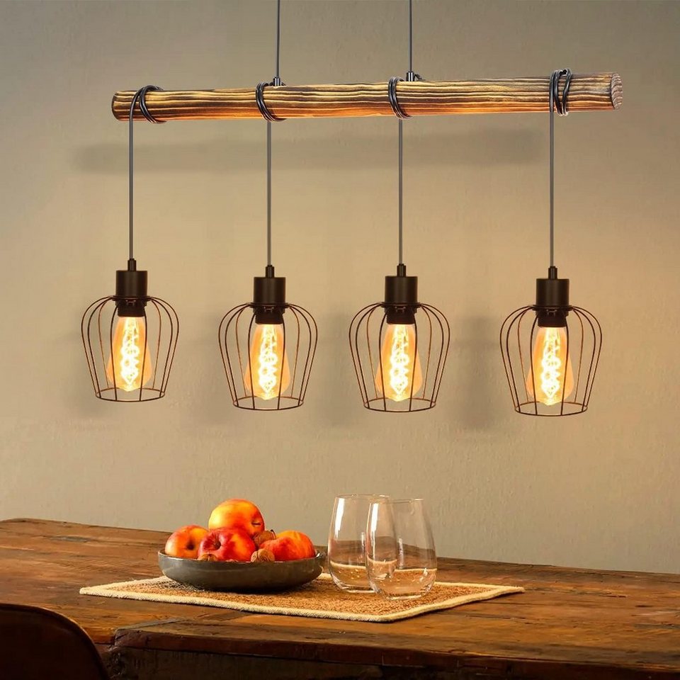 Nettlife Pendelleuchte Holz Esszimmer Vintage E27 Hängelampe 4 Flammige