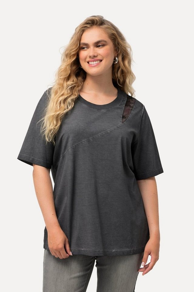 Ulla Popken Rundhalsshirt T Shirt Cold Dyed Mesheinsatz Rundhals Langarm