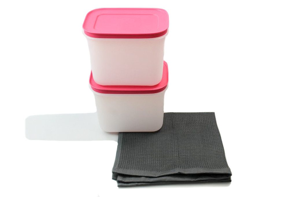 TUPPERWARE Back-Set Eiskristall 1,1L pink-weiß hoch (2) + GLASTUCH