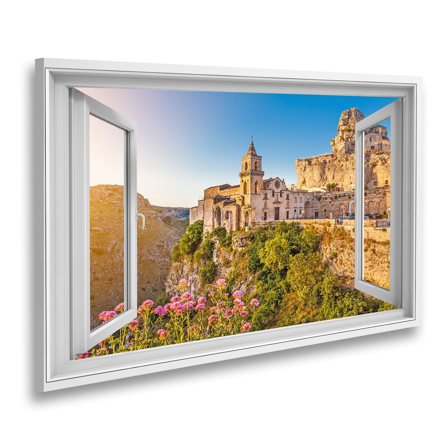 islandburner Leinwandbild Fensterblick Antike Stadt Matera bei Sonnenaufgang Basilikata Süditali