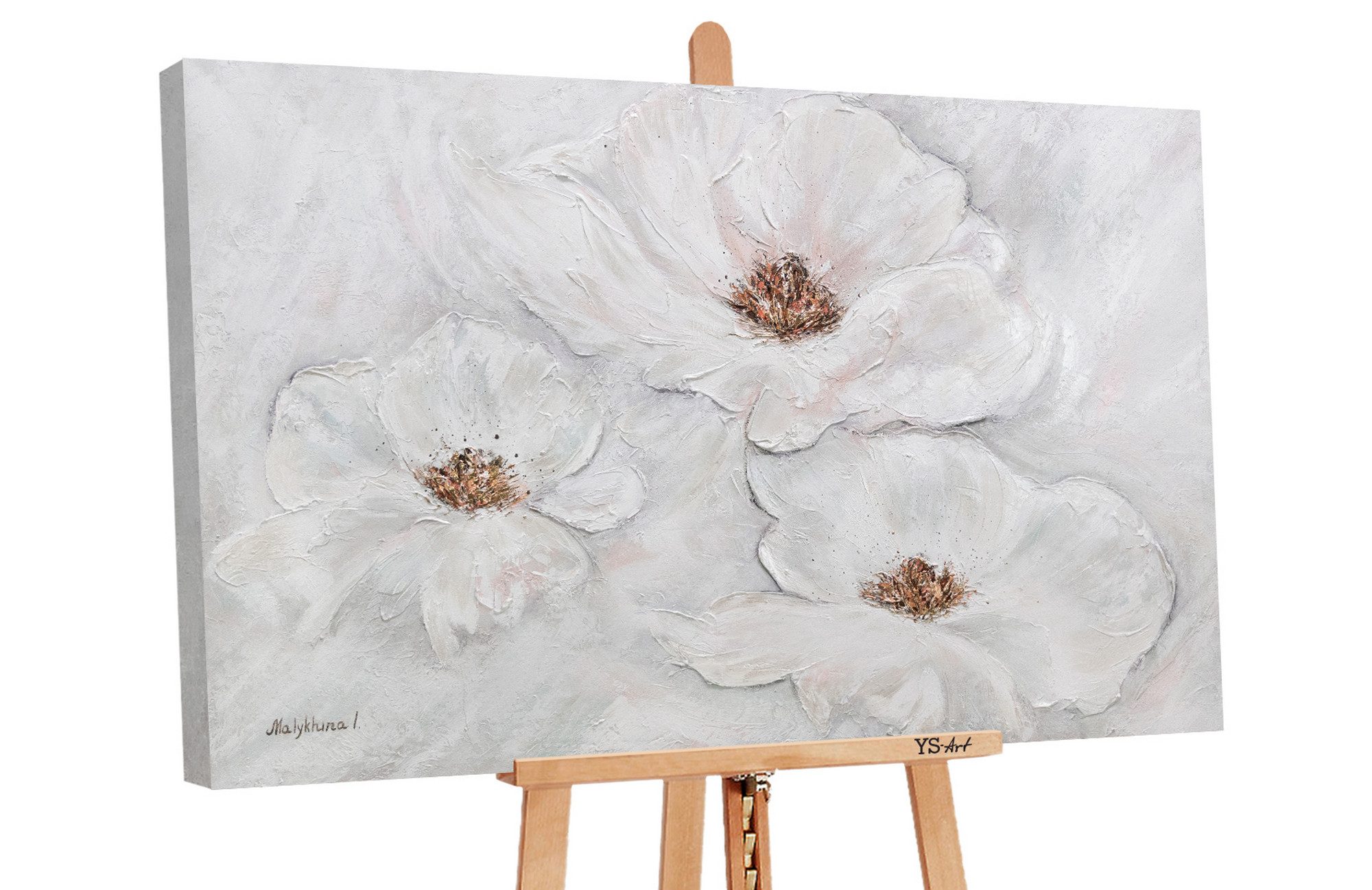 YS-Art Gemälde Zärtlichkeit, Blumen, Zarte Blumen Leinwand Bild Handgemalt in Beige