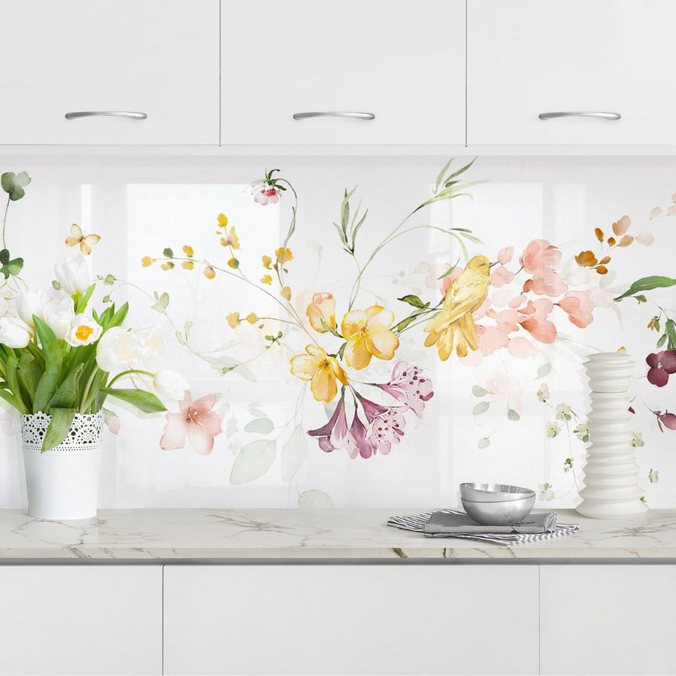 Bilderdepot24 Küchenrückwand Pastell Dekor Aquarell Blumen Kunst Tiere