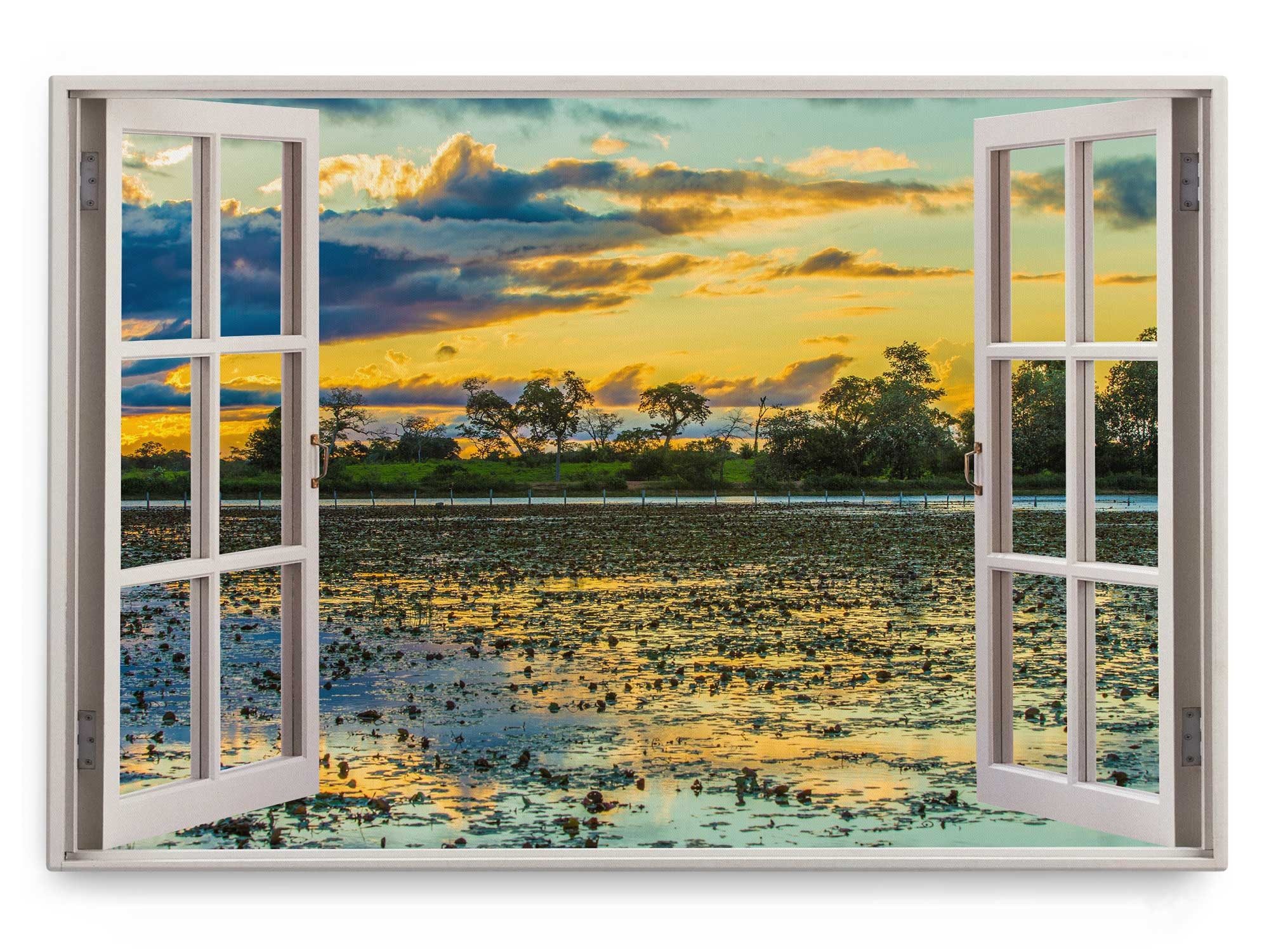 Sinus Art Leinwandbild Wandbild 120x80cm Fensterbild Abendrot roter Himmel Sonnenuntergang La ...
