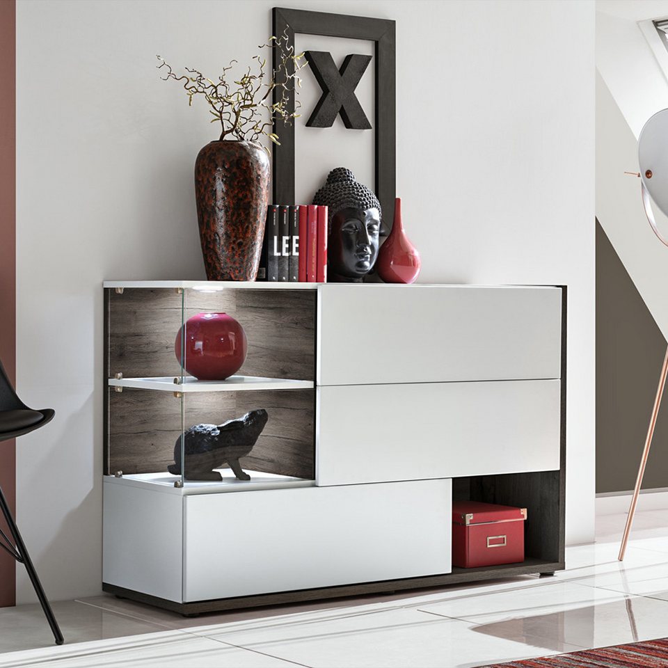 Lomadox Sideboard Sapri 164 Kommode Vitrine Weiß Hochglanz Mit Eiche