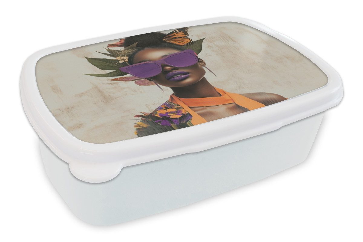 MuchoWow Lunchbox Frau - Sonnenbrille - Schmetterling - Blumen, Kunststoff, (2-tlg), Brotdose ...