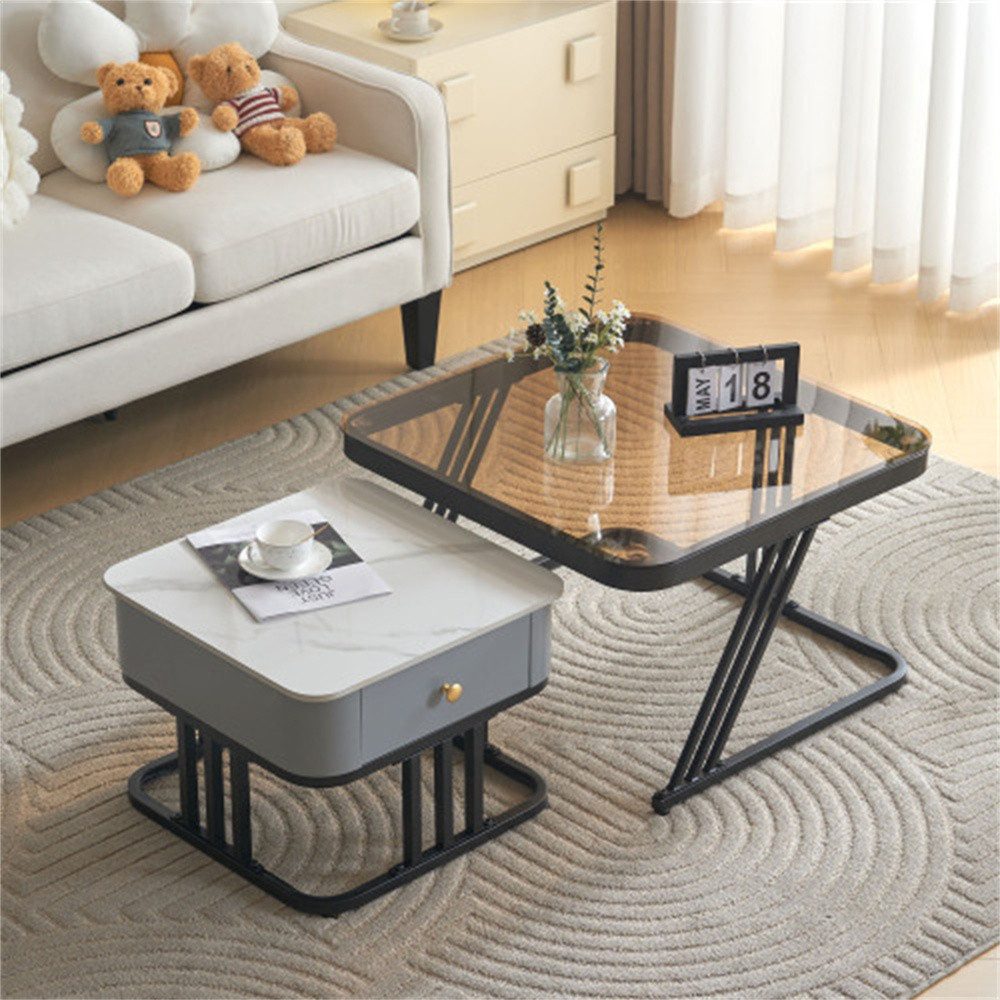 Miaandcoco Couchtisch Couchtisch 2er Set Mit Glasplatte Und Metallrahmen