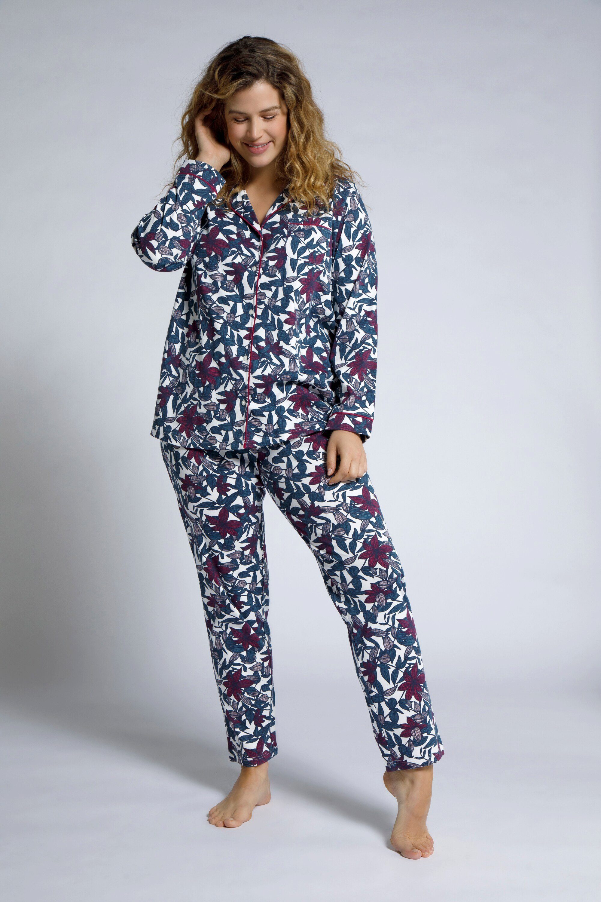 Ulla Popken Pyjama Pyjama Dschungelmuster Hemdkragen Langarm