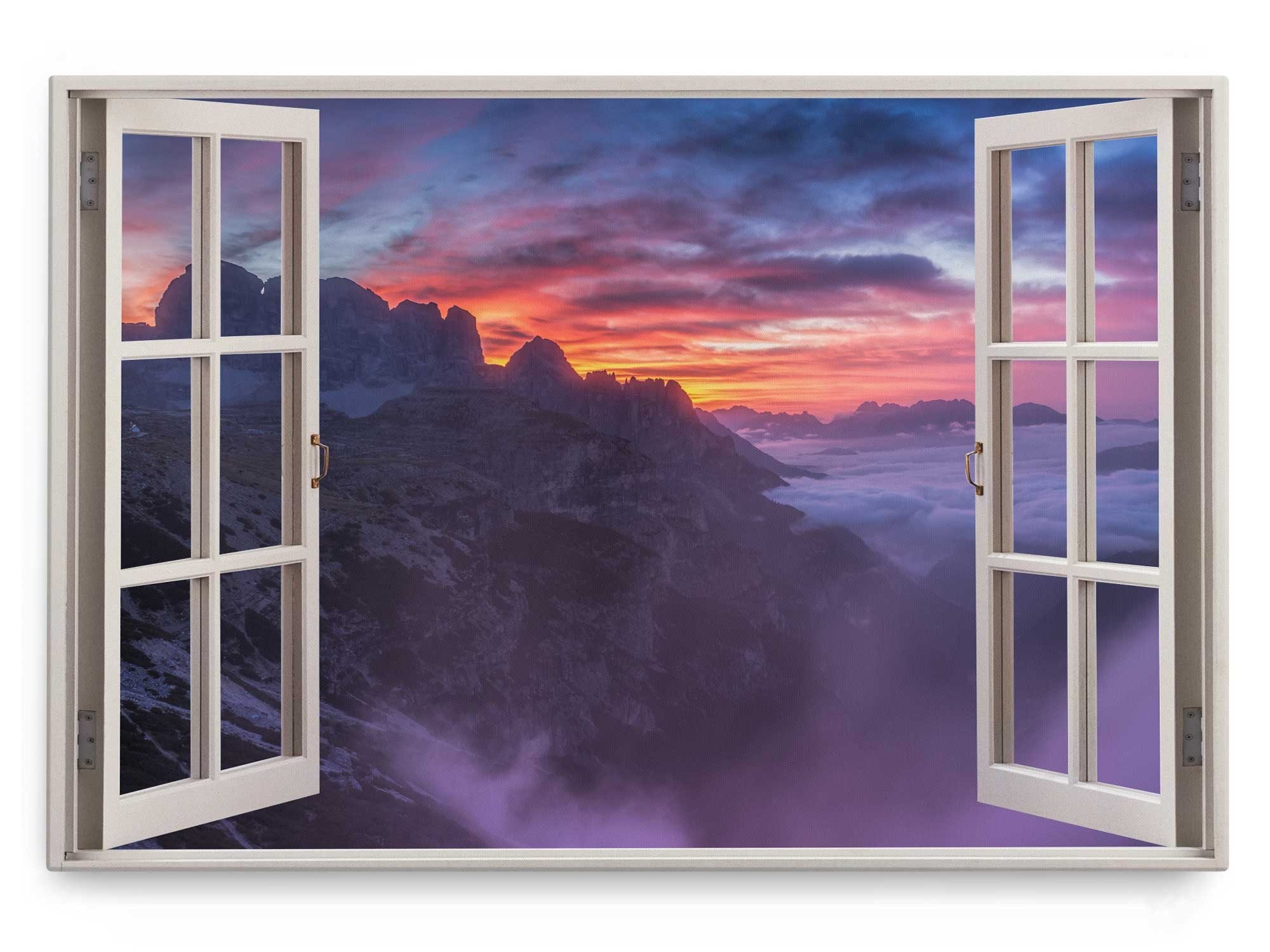 Sinus Art Leinwandbild Wandbild 120x80cm Fensterbild Abendrot über den Wolken Berge Berggipfe ...