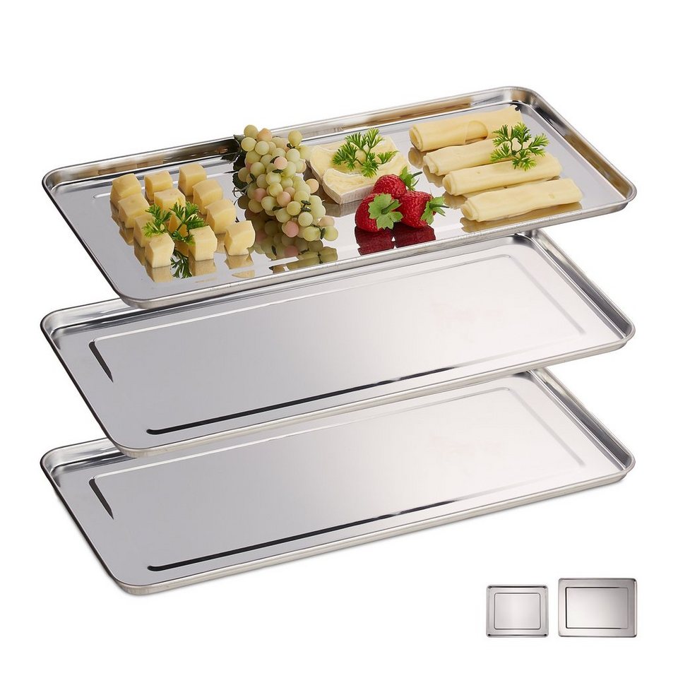 Relaxdays Servierplatte Servierplatte 3er Set Edelstahl L Rechteckig