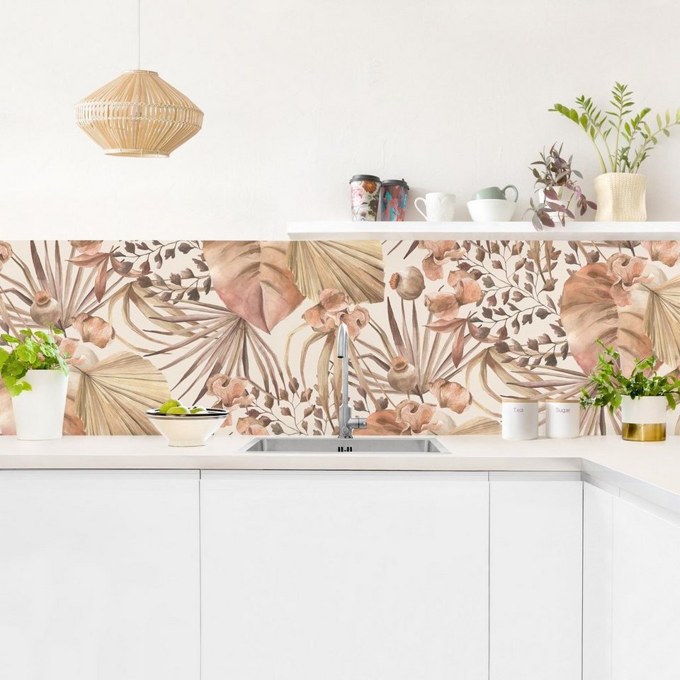 Bilderdepot24 Küchenrückwand Braun Dekor Aquarell Botanik Tropisch