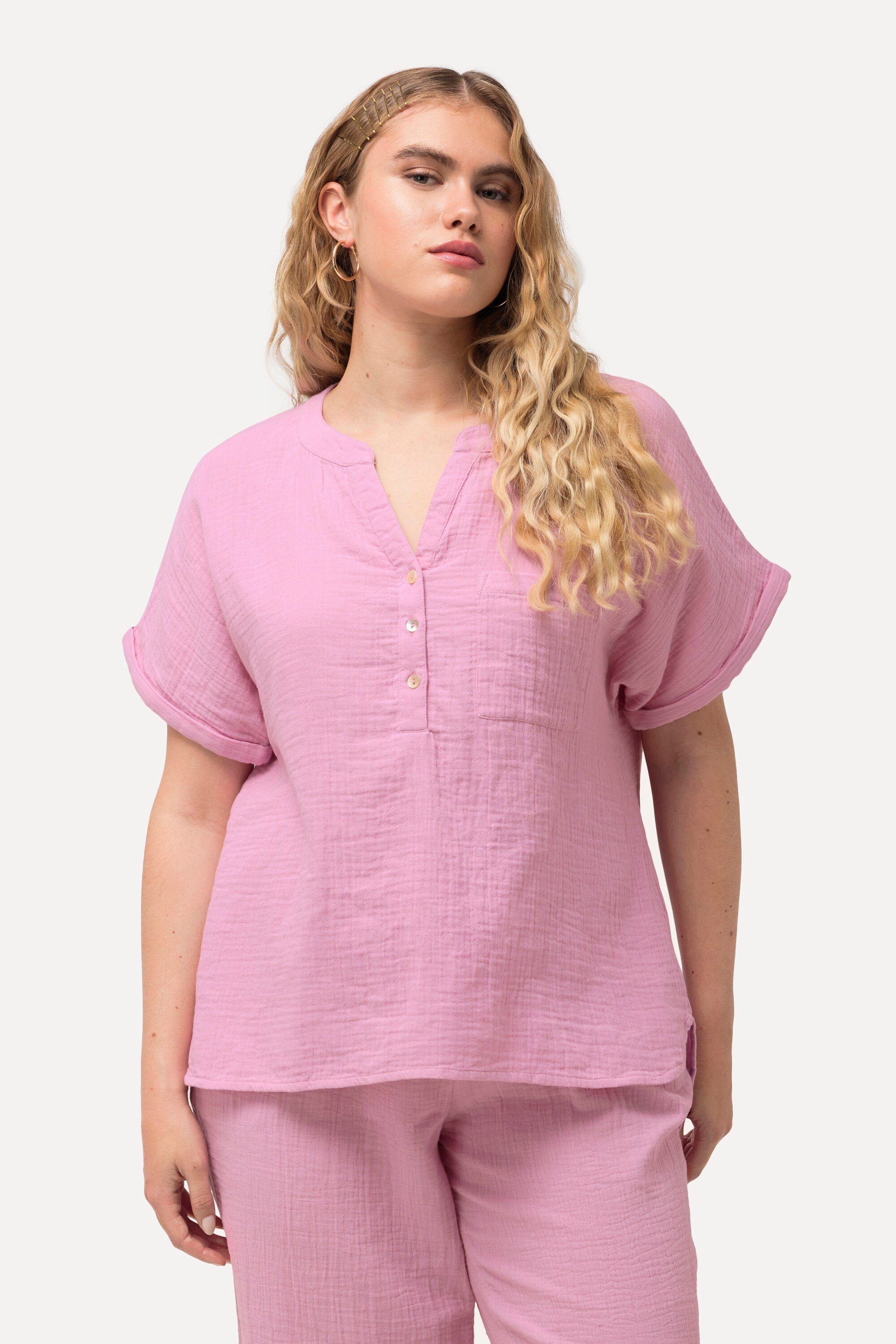 Ulla Popken Druckbluse Musselin Bluse Oversized Tunika Ausschnitt Halbarm
