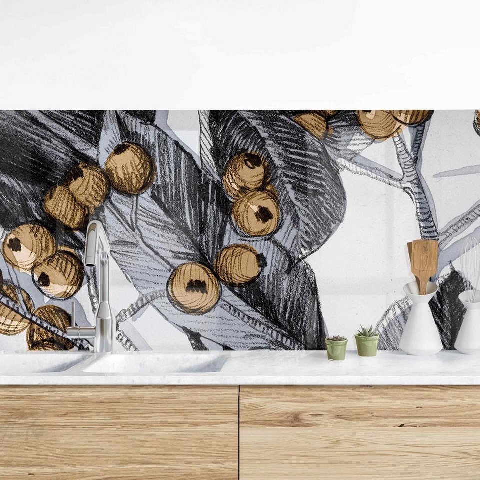 Bilderdepot24 Küchenrückwand Grau Dekor Aquarell Botanik Tropisch