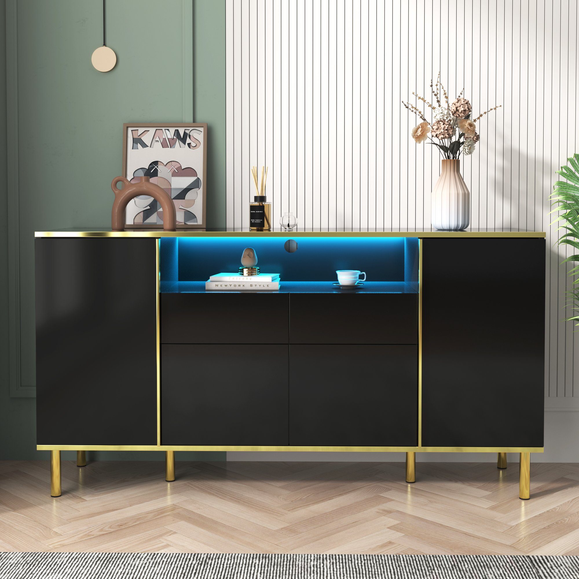 Merax Sideboard, hochglanz mit LED, Kommode mit goldenen Rahmen, Anrichte, Breite 150cm, mit 2 ...