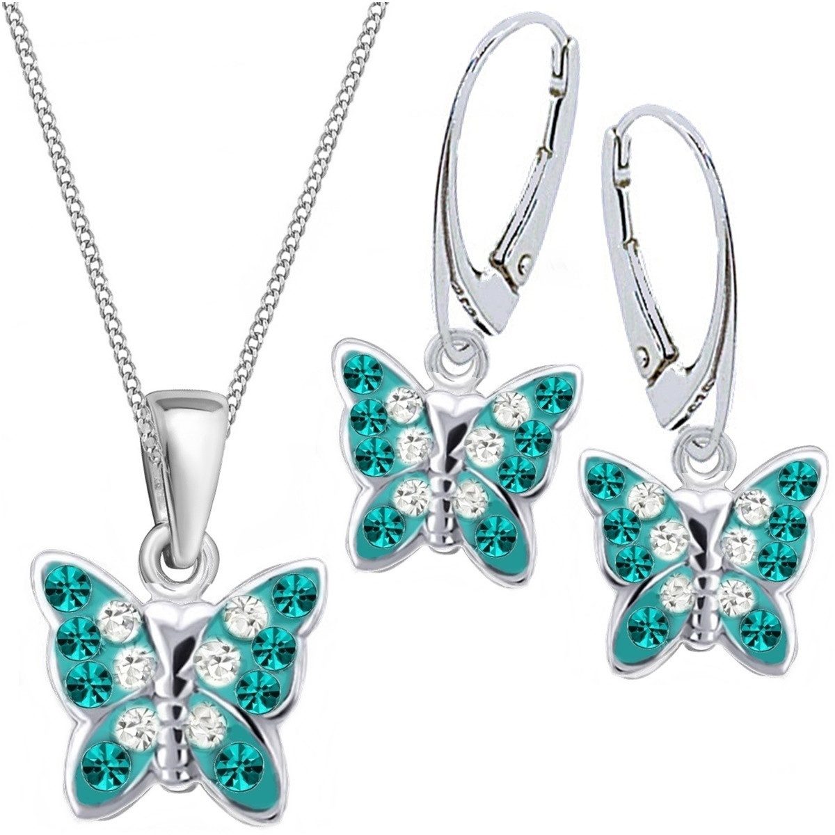 Goldene Hufeisen Schmuckset Kristall Schmetterling Ohrringe Anhänger Kette 925 Silber Set (4-tlg ...