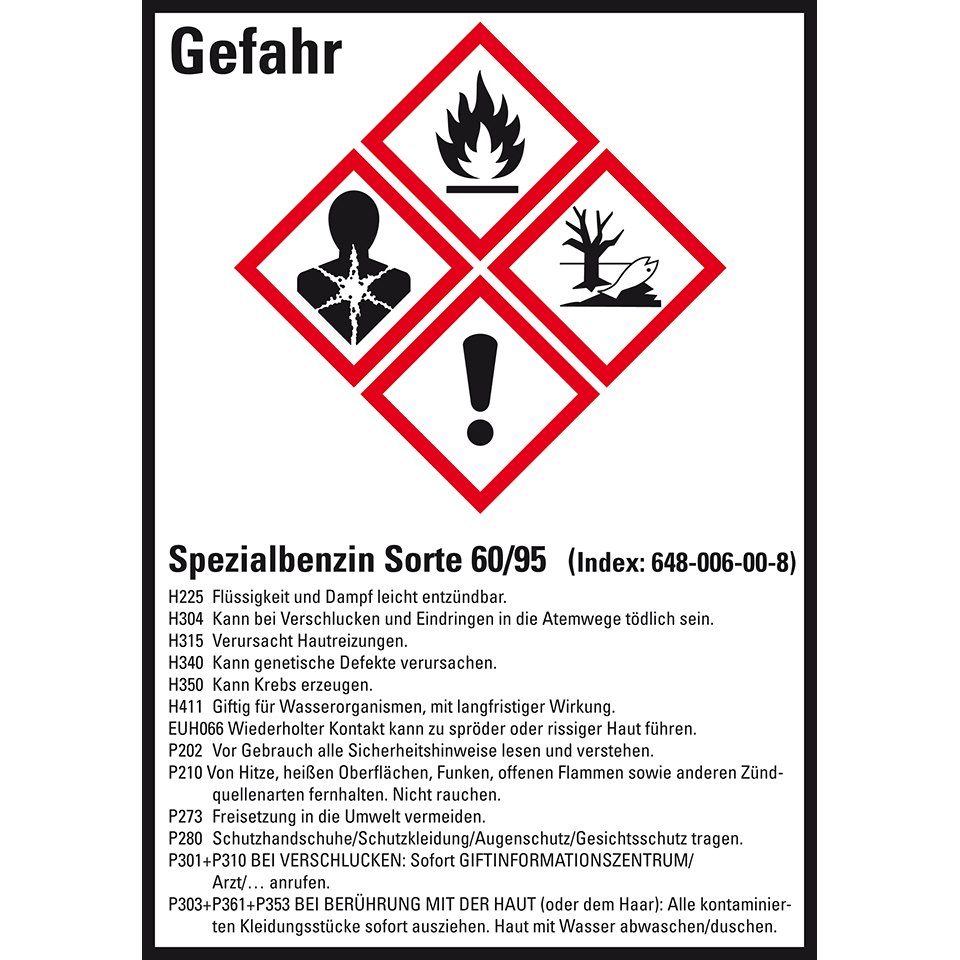 König Werbeanlagen Hinweisschild GHS-Etik.Spezialbenzin Sorte 60/95, gem.GefStoffV/GHS/CLP, Fol ...
