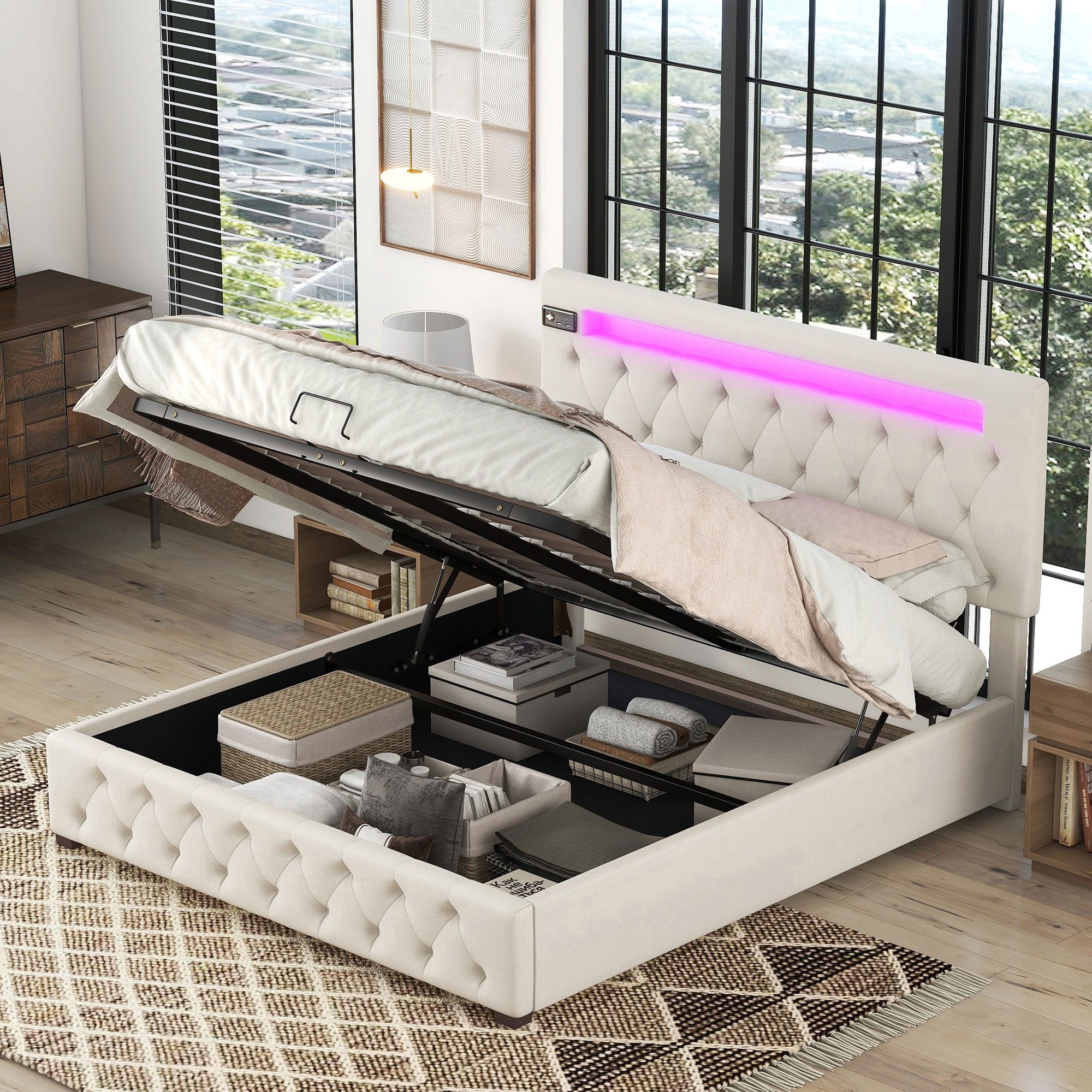 Modfu Polsterbett Stauraumbett Doppelbett Kinderbett Gästebett Beige