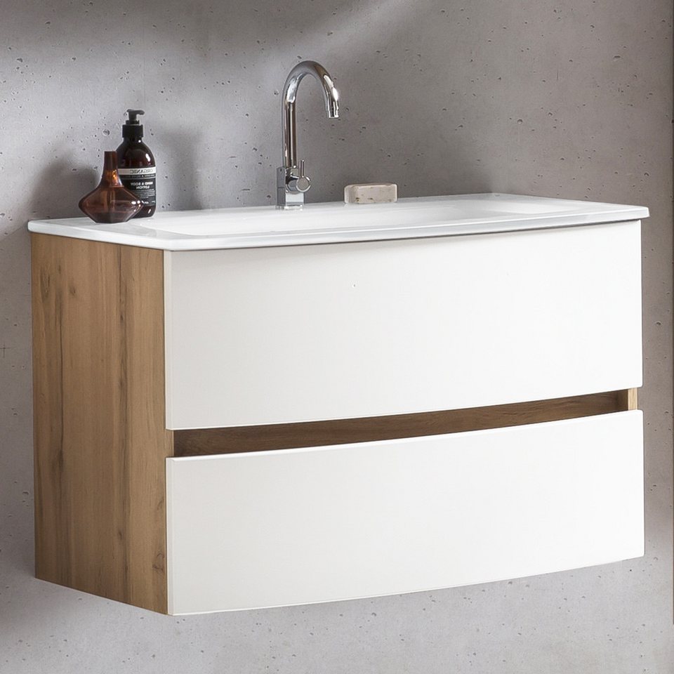 Lomadox Waschtisch Lauria 03 Wotaneiche Nb Mit Matt Weiß Inkl