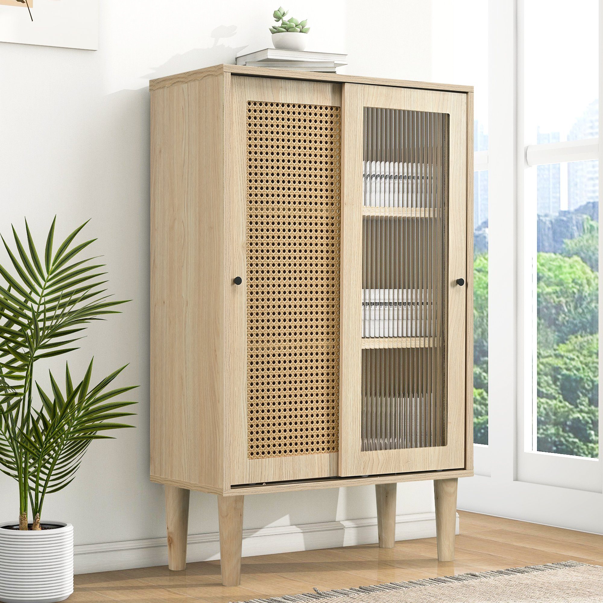 Odikalo Sideboard Stehschrank Lagerschrank Rattan Schiebetür Glas 6