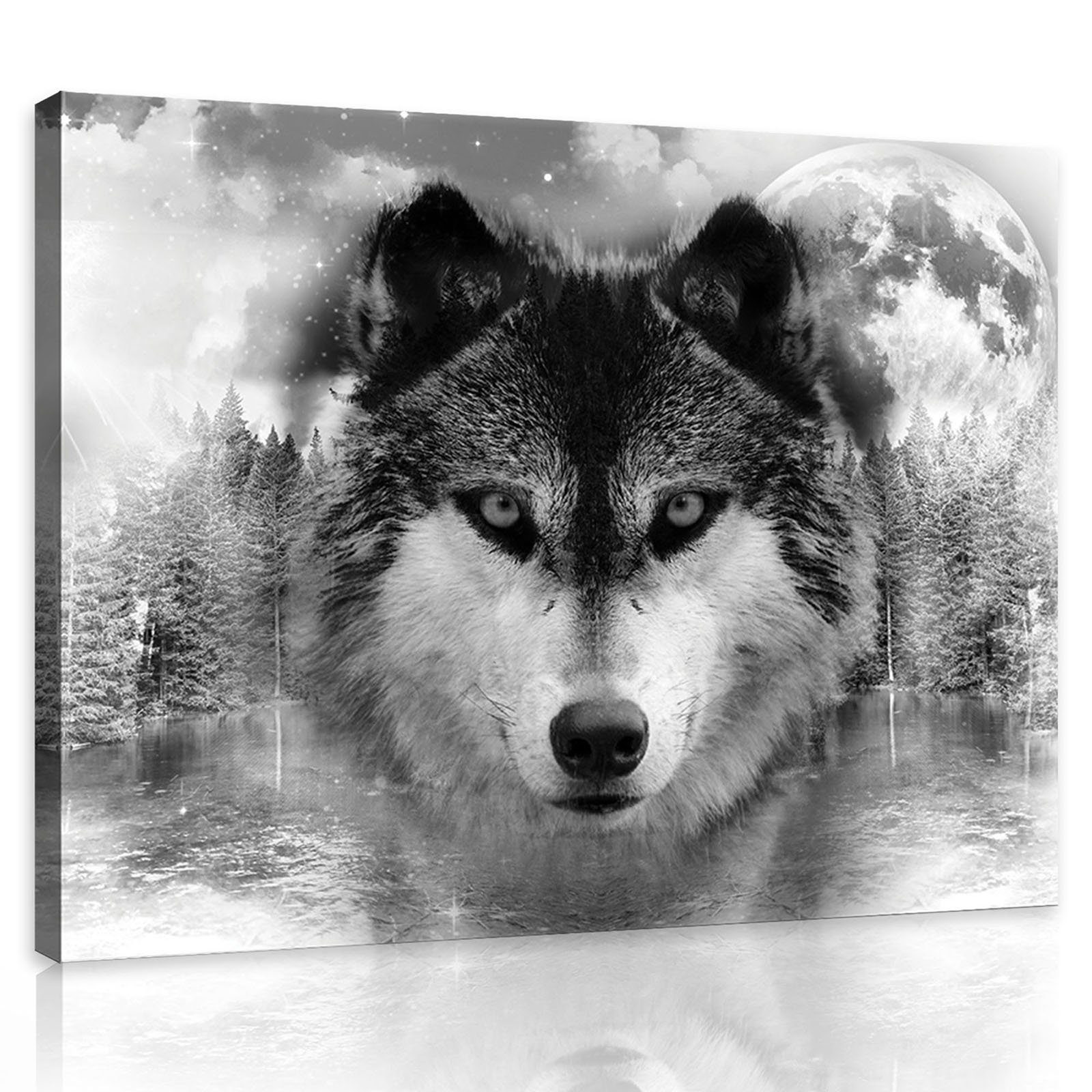 Wallarena Leinwandbild Wolf Tiere Mond Wald Schwarz Baum Wandbild Groß