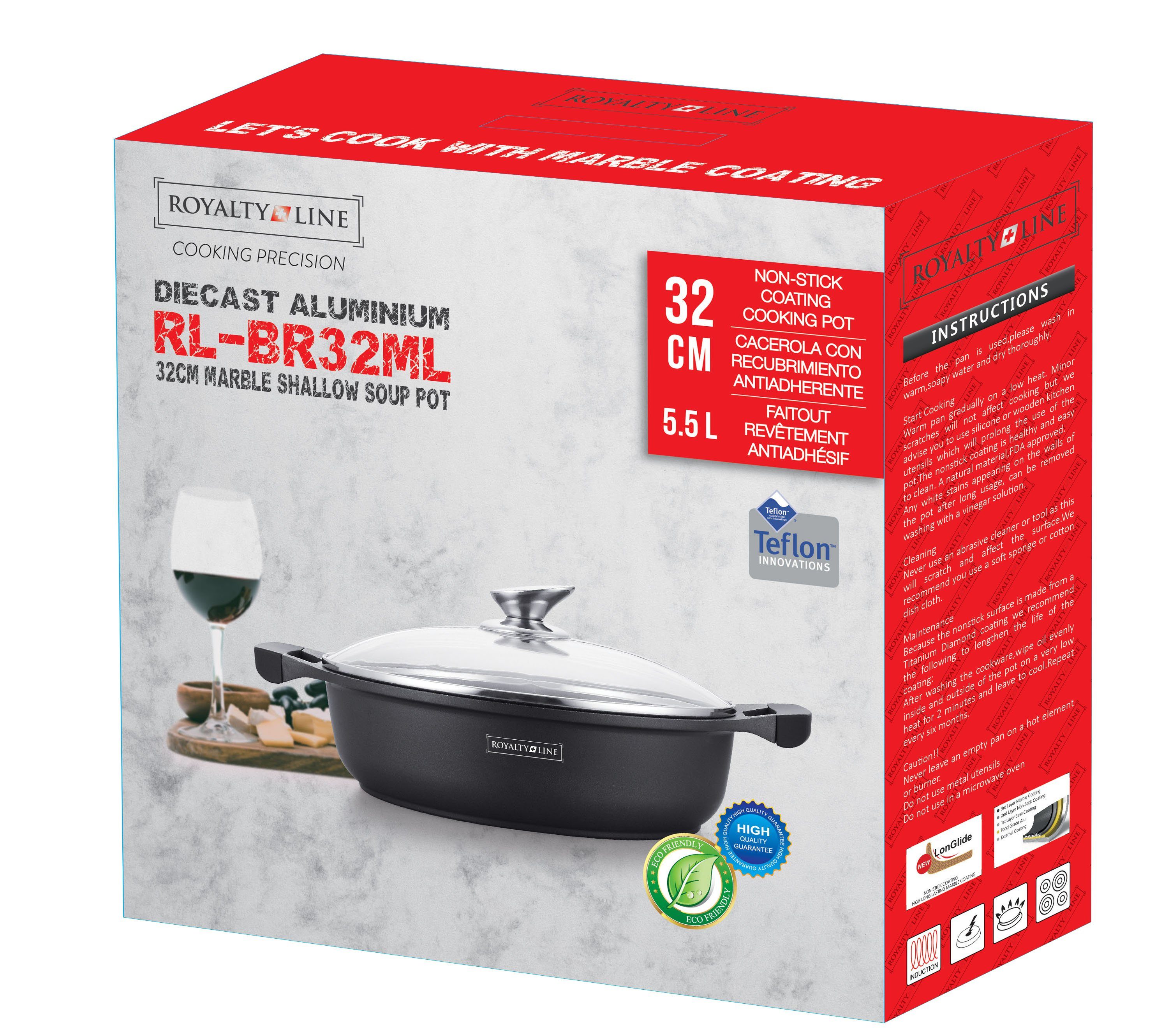 Royalty Line Kochtopf Xxl Kochtopf Topf Pfanne Glasdeckel Aluguss Ø32
