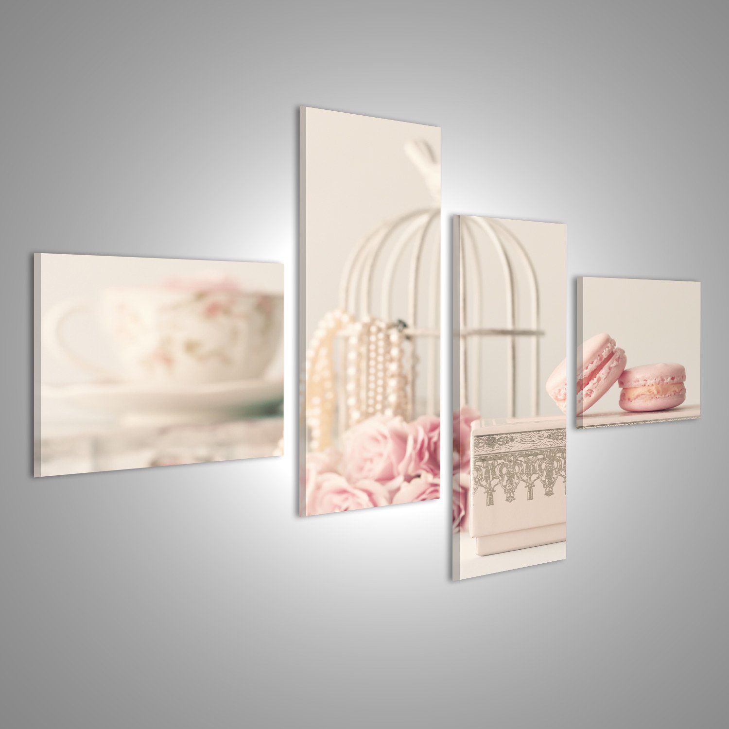 islandburner Leinwandbild Bild auf Leinwand Vintage Rosen Und Perlen Mit Makronen Über Feld Wan