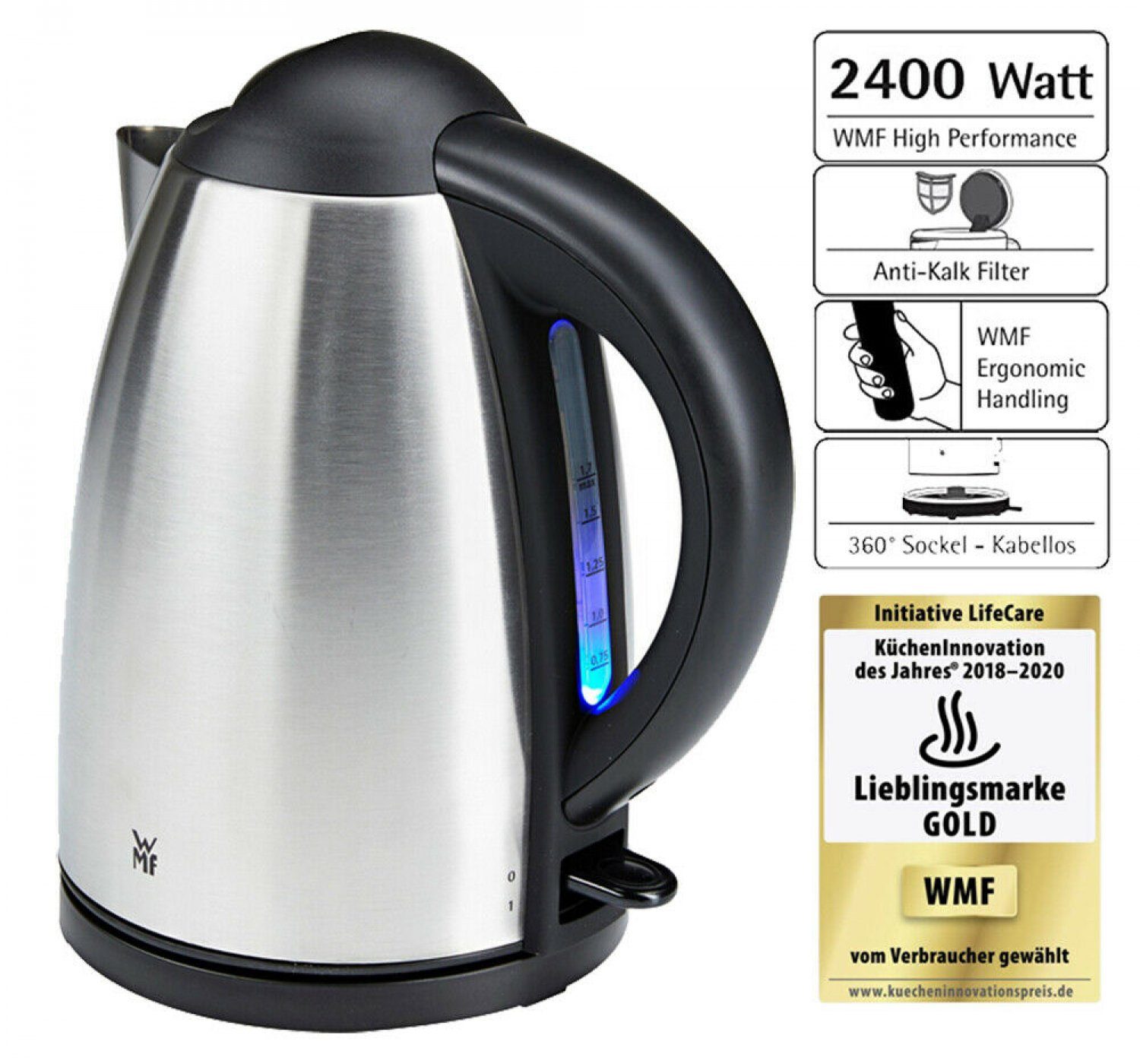 WMF Wasserkocher WMF Bueno Wasserkocher 1,7L Edelstahl schnurlos Kalkfilter 2400 Watt, 1,7 l ...