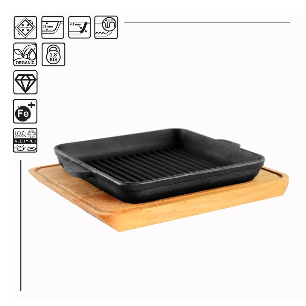 4bigfun Servierpfanne Grillservierpfanne 18cm Holzuntersetzer