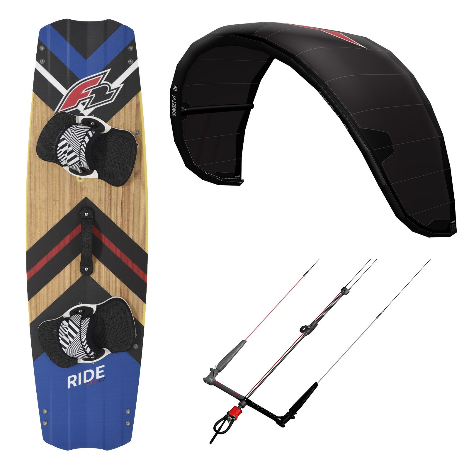 F2 Kite F2 Set Kite Sunset V1 9qm, Kiteboard Ride Wood 137cm, Control Bar 52cm