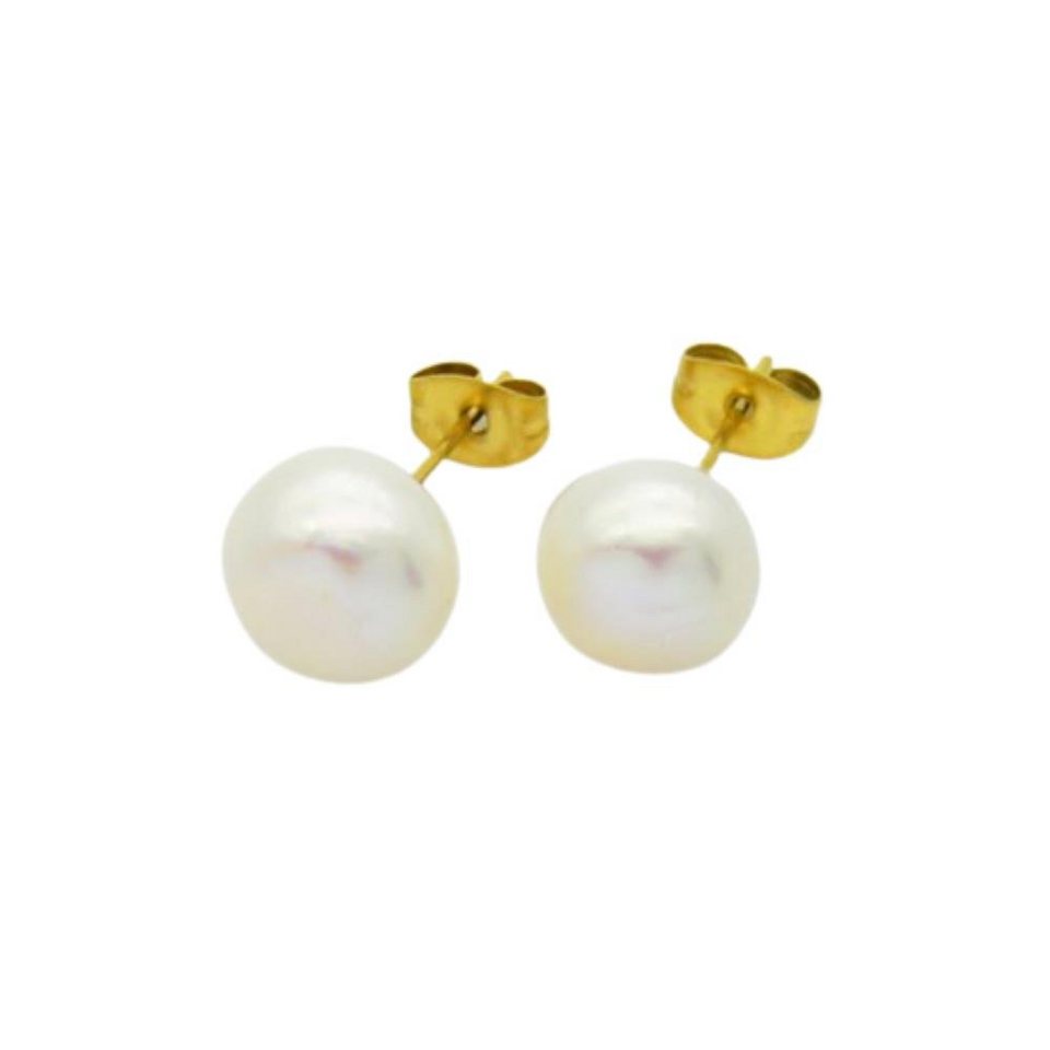Bungsa Ohrring Set Ohrstecker Süßwasserperlen 10 Mm Gold Aus Edelstahl