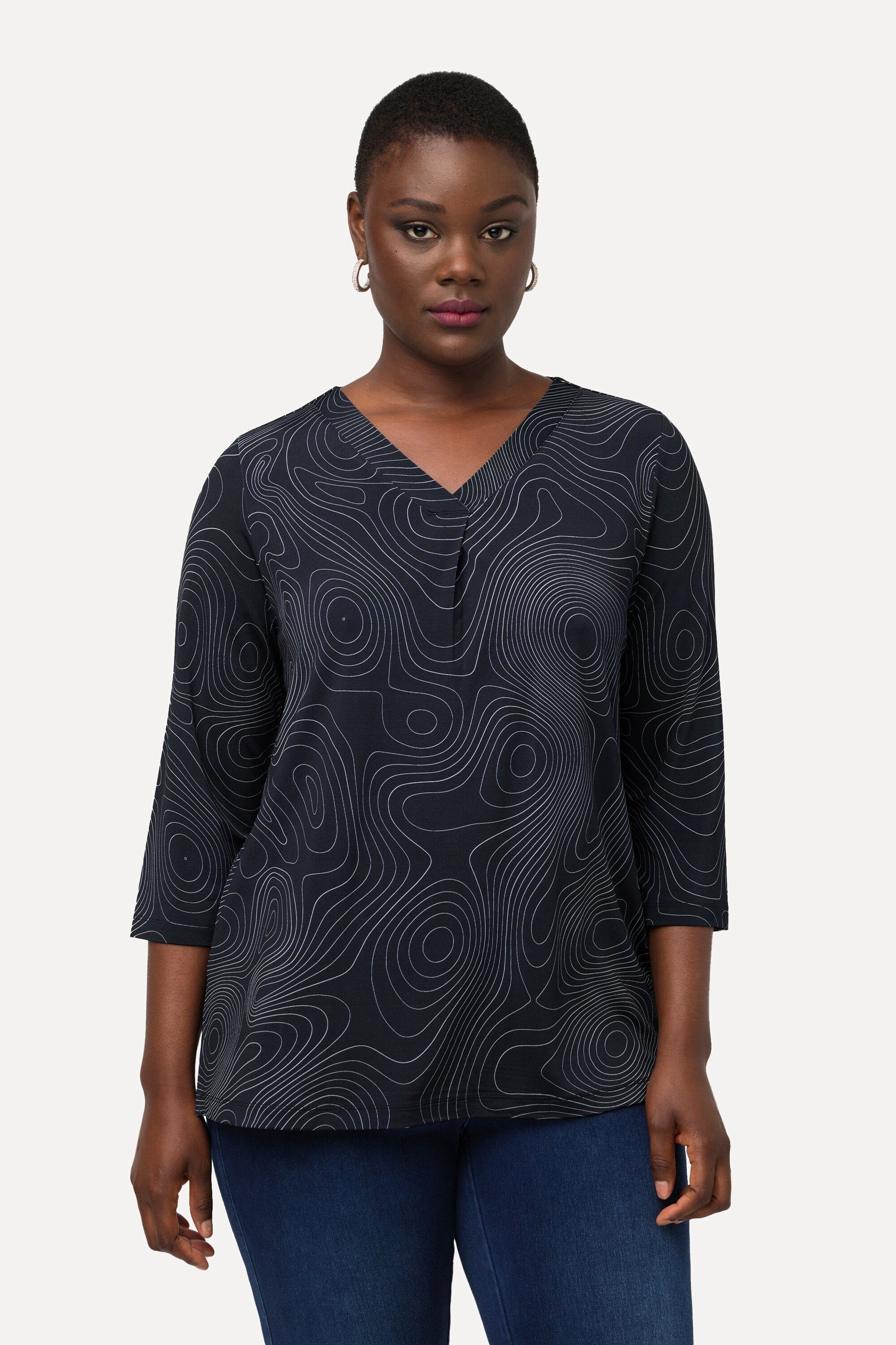 Ulla Popken Rundhalsshirt Slinkyshirt Linien Zierfalte V Ausschnitt Halbarm
