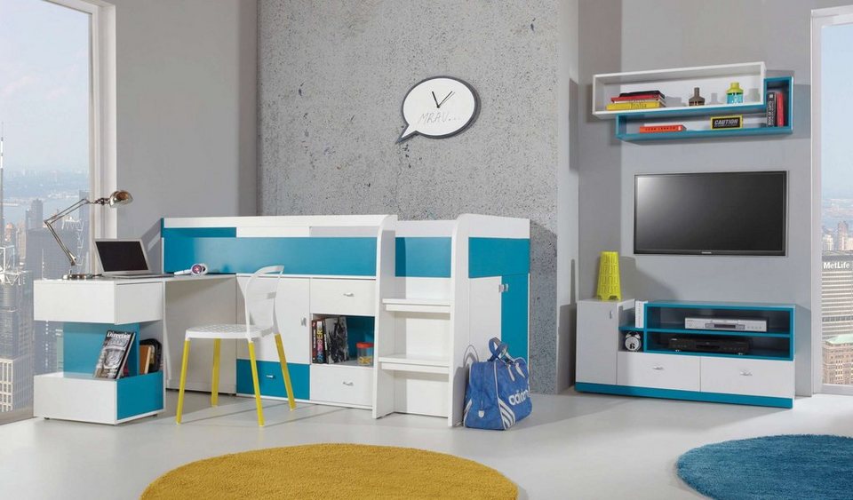 Stylefy Jugendzimmer Set Bond Weiß Hochglanz Türkis Jugendzimmer Set