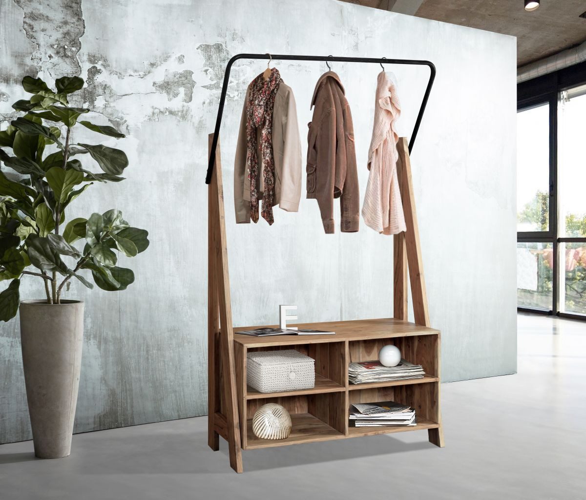 WOLFMÖBEL Garderobenhalter TUCSON Garderobe mit 4 Fächer und Kleiderstange Eisen (113/ 35/ 180 ...