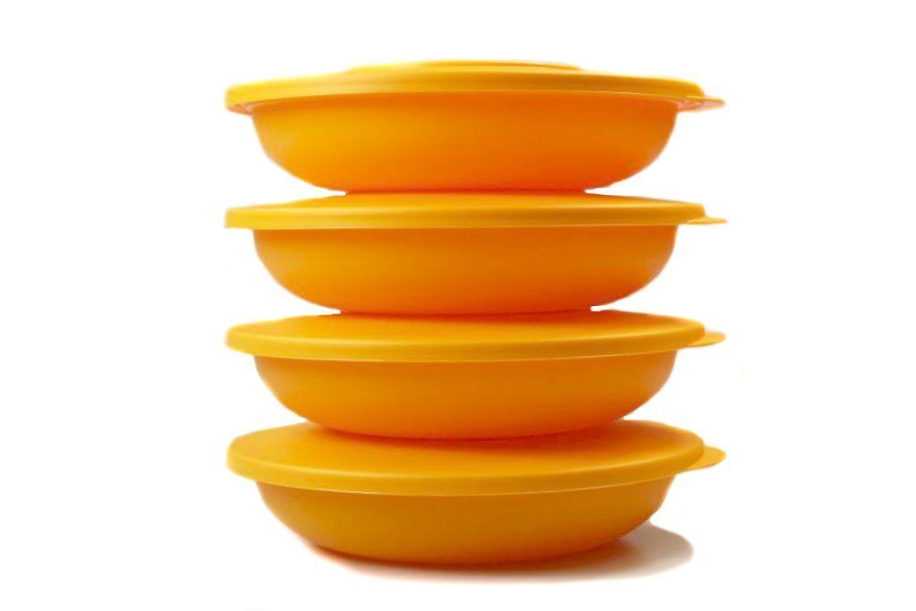 TUPPERWARE Servierschüssel Teller 700 ml (4) orange mit Deckel+ SPÜLTUCH