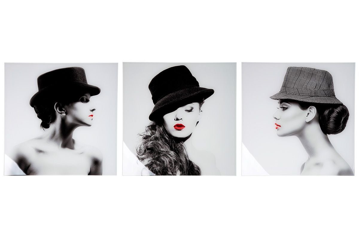 Gilde Dekoobjekt 3er Set Acryl Wand Bild Lady Rouge Frau Mit Hut Mit