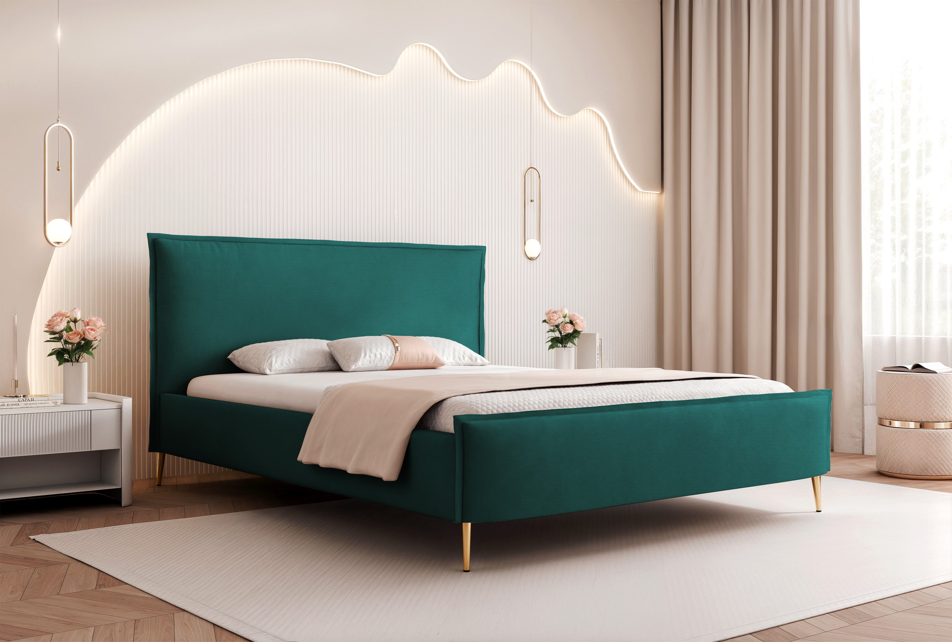 Goldstoff Polsterbett Modernes Bett "ETERNIA" mit hohen Beinen ...
