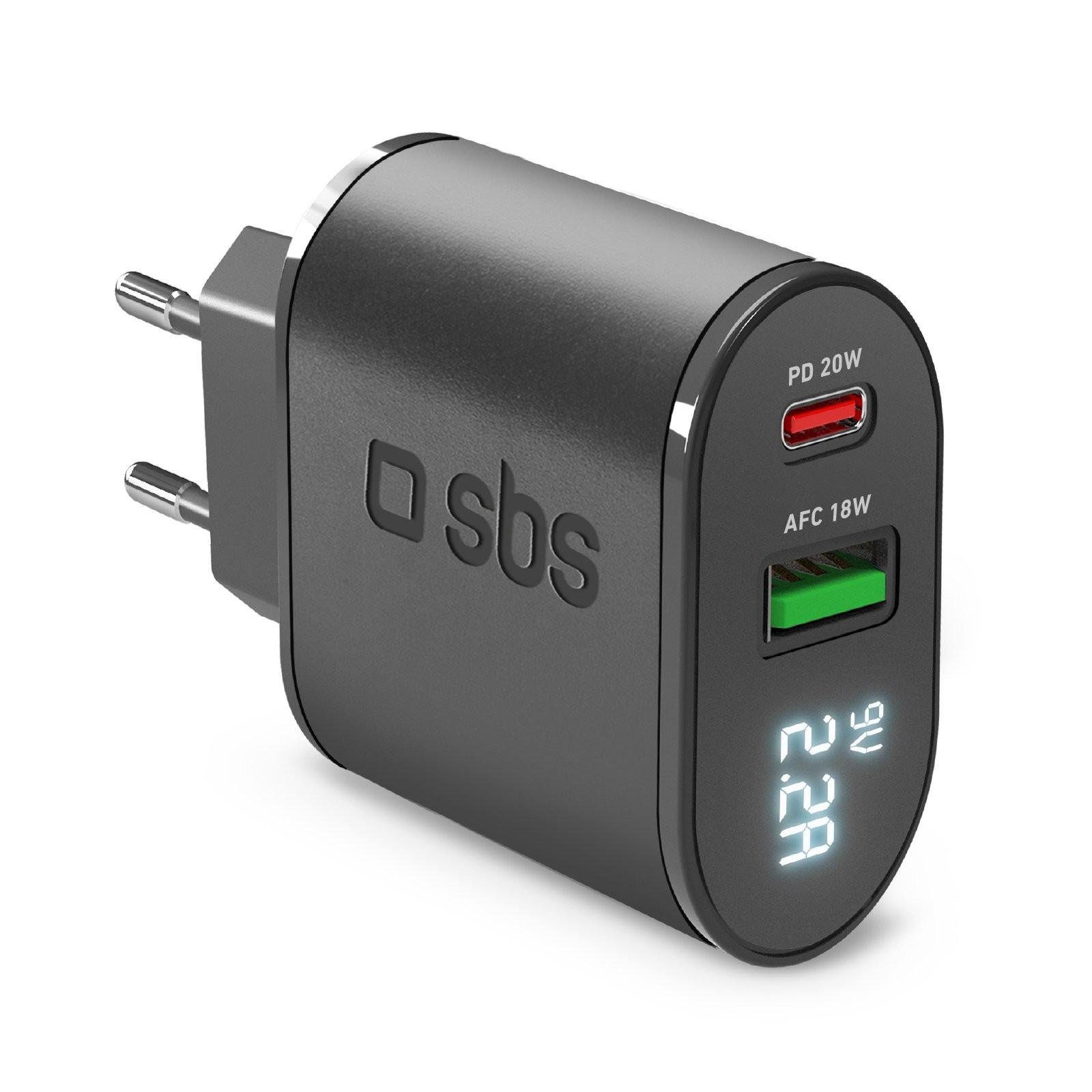 sbs SBS 20W-Ladegerät mit LCD-Bildschirm, USB-C und USB-A, Schwarz USB-Ladegerät, Akku Ladegerät USB