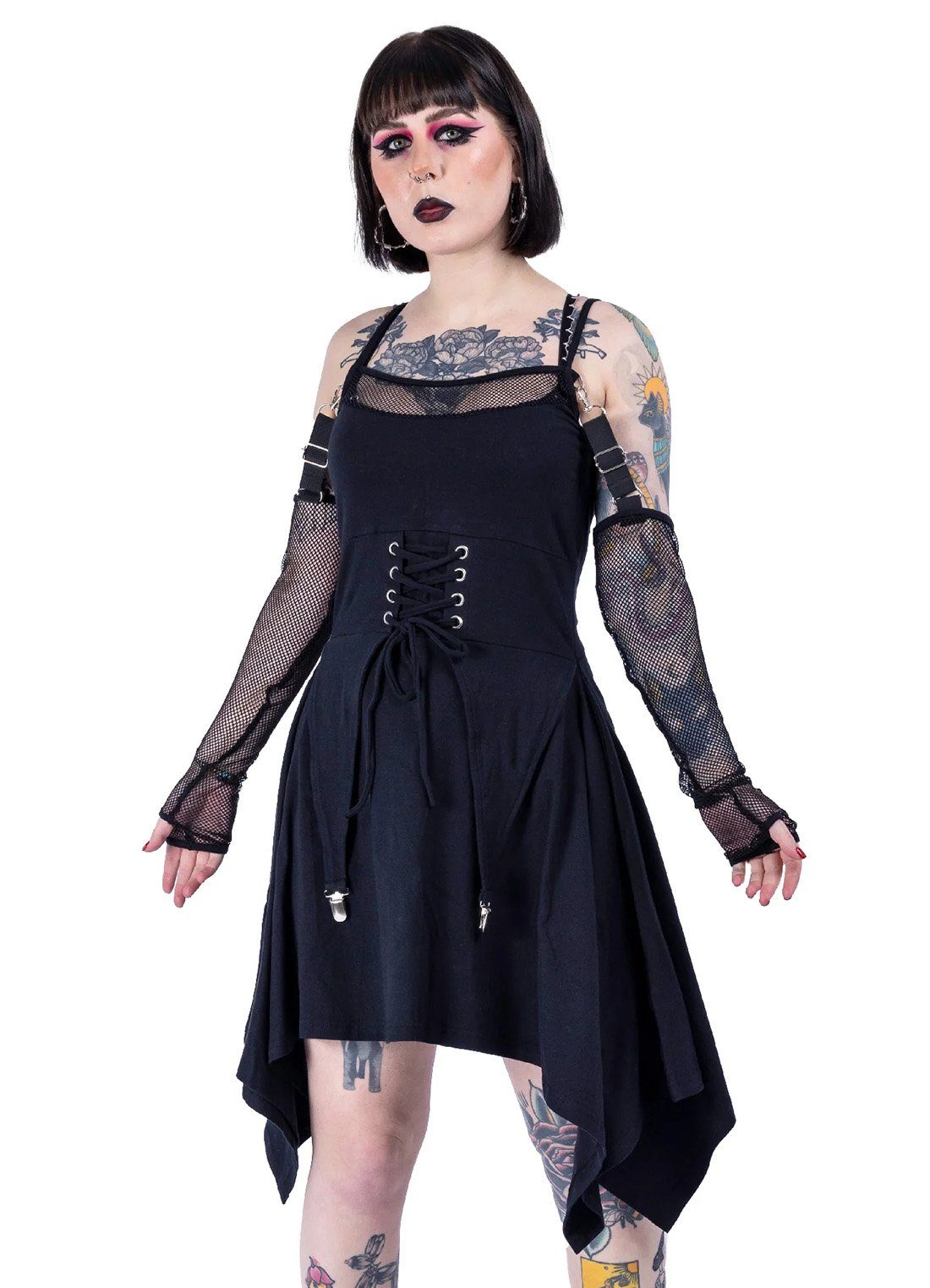 Poizen Industries Minikleid Coventina Gothic Dress Schnürung Nu Goth Netz Armstulpen