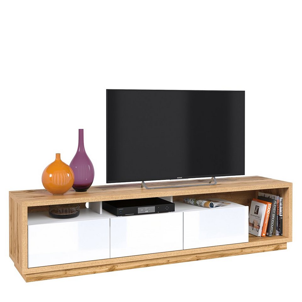 Lomadox Lowboard Conwy 83 Mit 3 Schubladen Weiß Hochglanz Mit Eiche