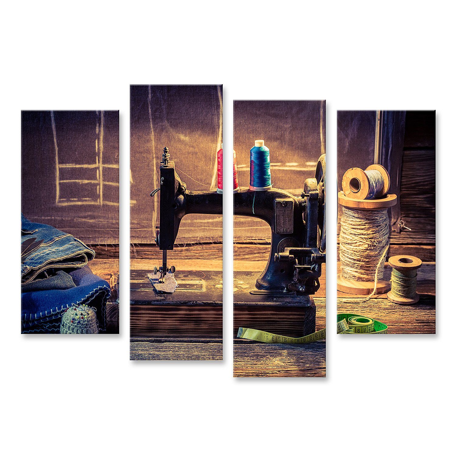 islandburner Leinwandbild Bild auf Leinwand Vintage Tailor Workshop mit Nähmaschine Stoff und Sc