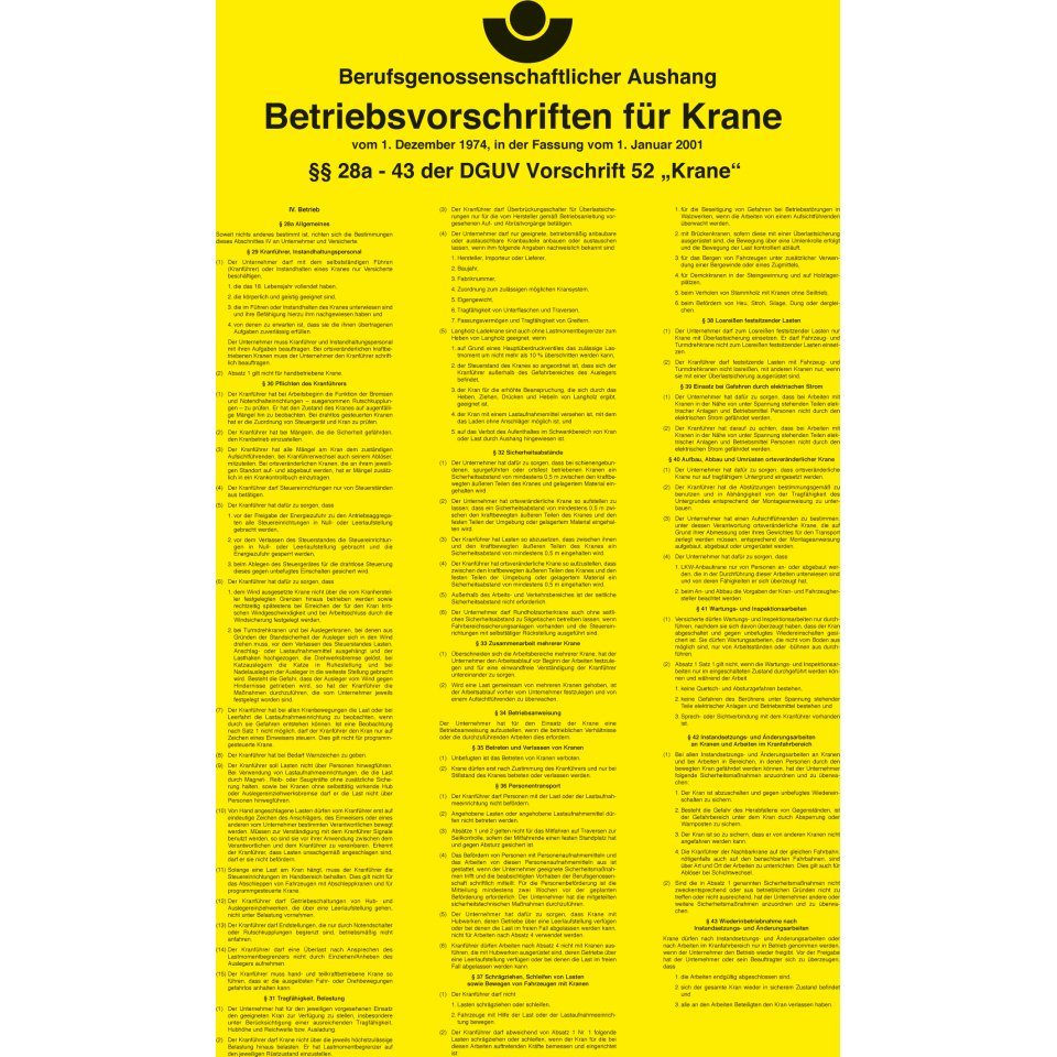 König Werbeanlagen Hinweisschild Aushang Betriebsvorschriften Krane, DGUV 52, Kunststoff, 300x400mm