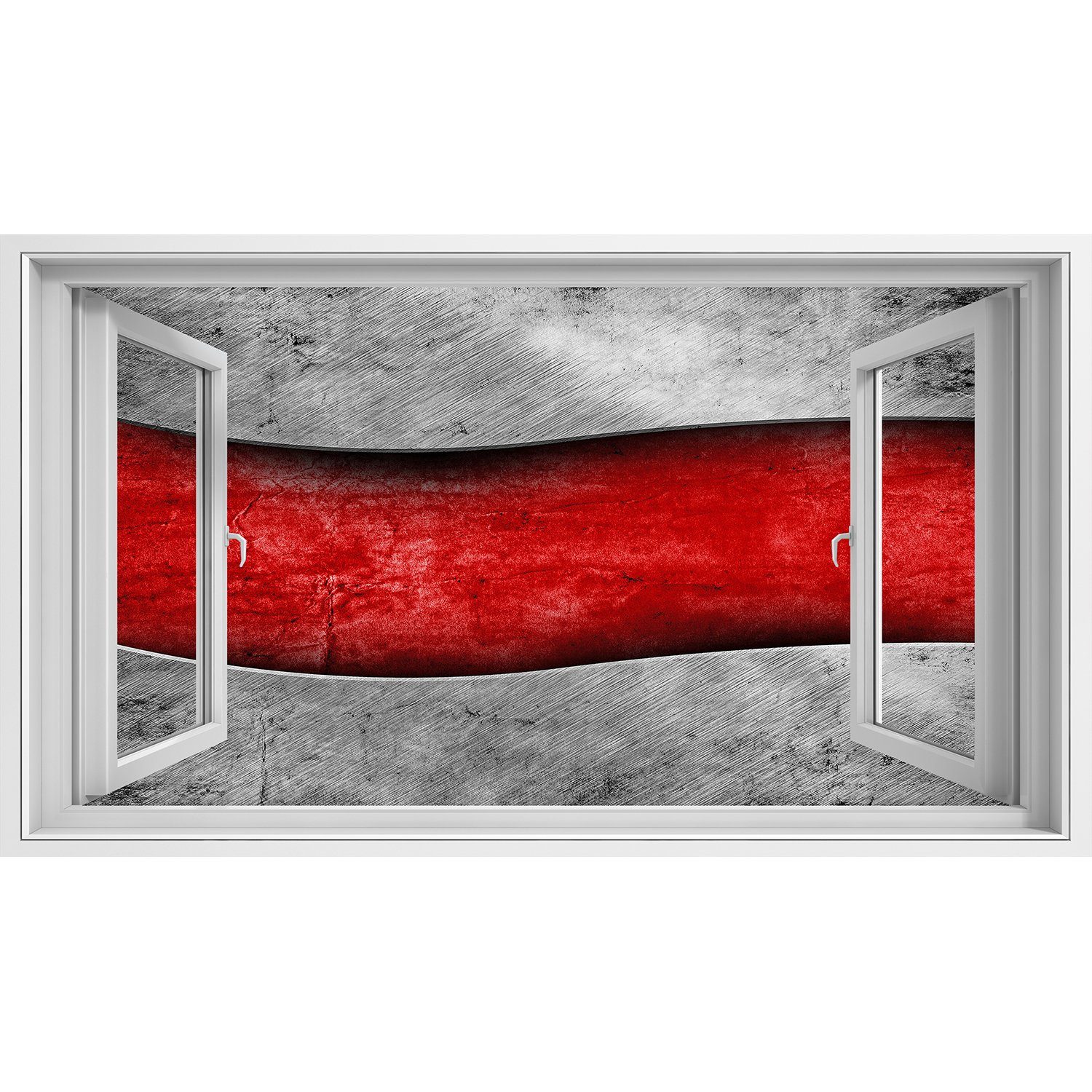 islandburner Leinwandbild Fensterblick Grunge Metall Schablone auf rotem Hintergrund Sagenhafter