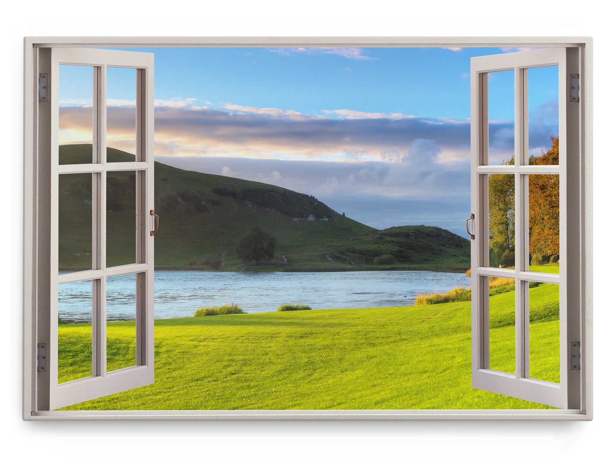 Sinus Art Leinwandbild Wandbild 120x80cm Fensterbild Landschaft Natur Fluss Grün Berge Sonnen ...