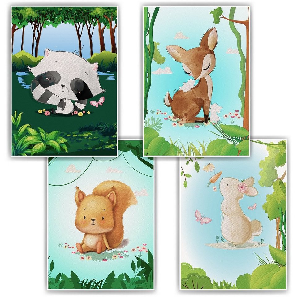 Tigerlino Poster Waschbär Reh Eichhörnchen Hase Waldtiere 4er Set