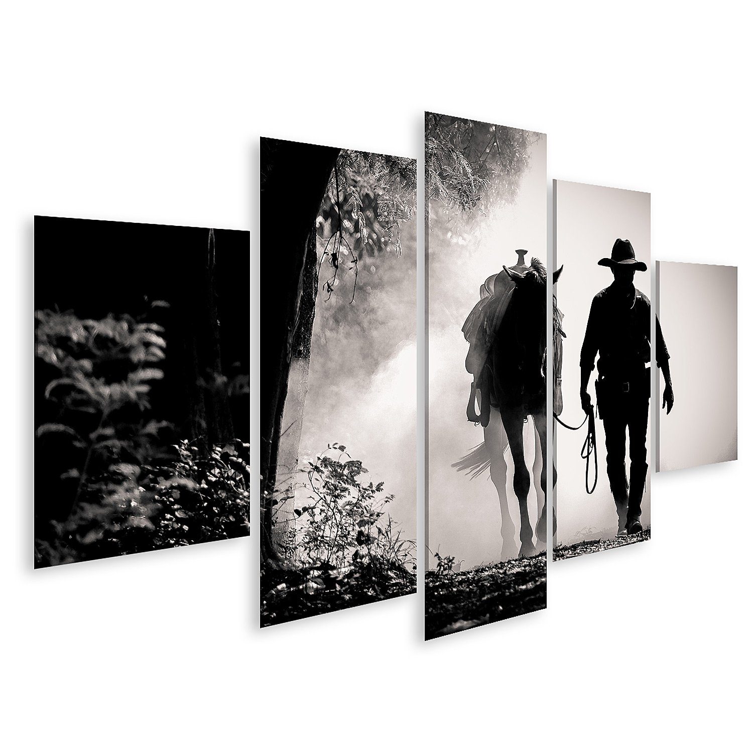 islandburner Leinwandbild »Bild auf Leinwand Schwarz-Weiß-Bild Silhouette von Cowboy und das ...