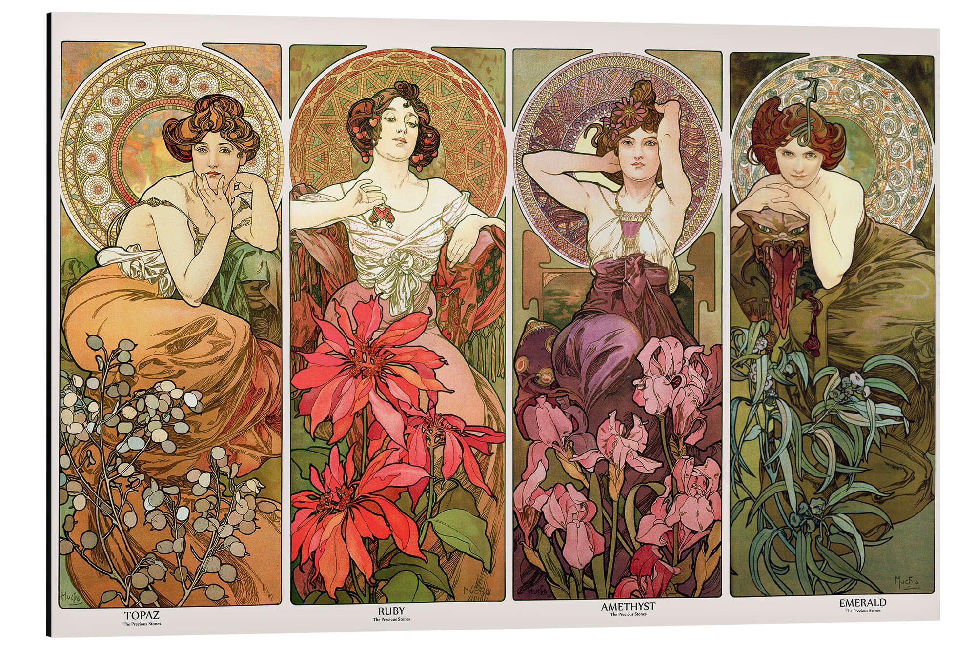 Posterlounge Alu-Dibond-Druck Alfons Mucha, Die Edelsteine, Wohnzimmer Vintage Malerei