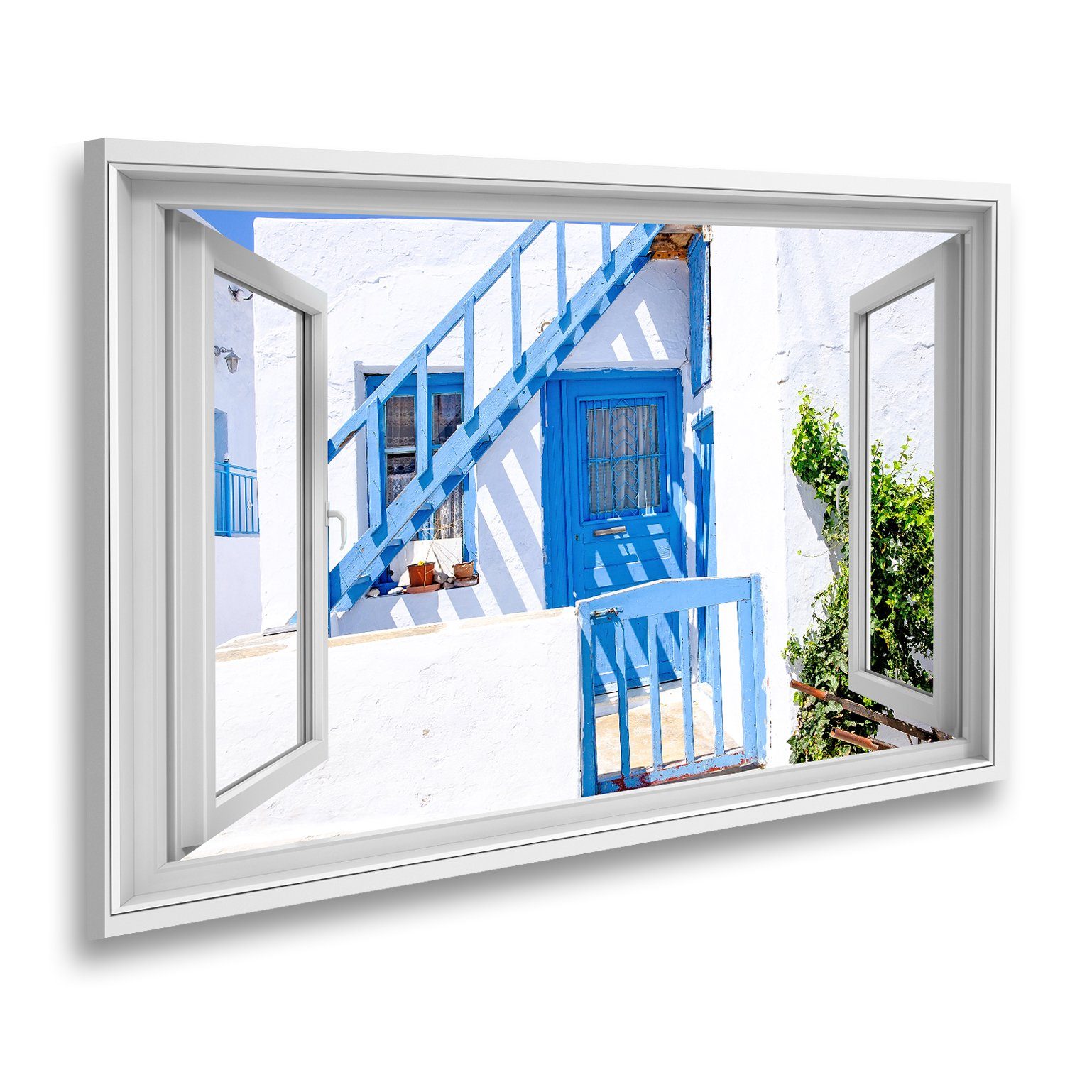 islandburner Leinwandbild Fensterblick Typische traditionelle Türen und Fenster in weißem und bl