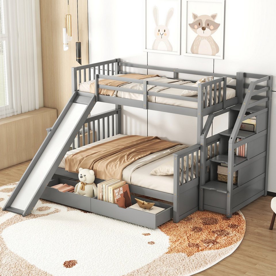 Odikalo Kinderbett Etagenbett Schubladen Stauraum Rutsche Treppe Weiß